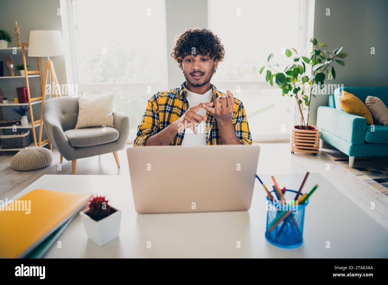 Photo of confident successful man employee counting his skills with ...