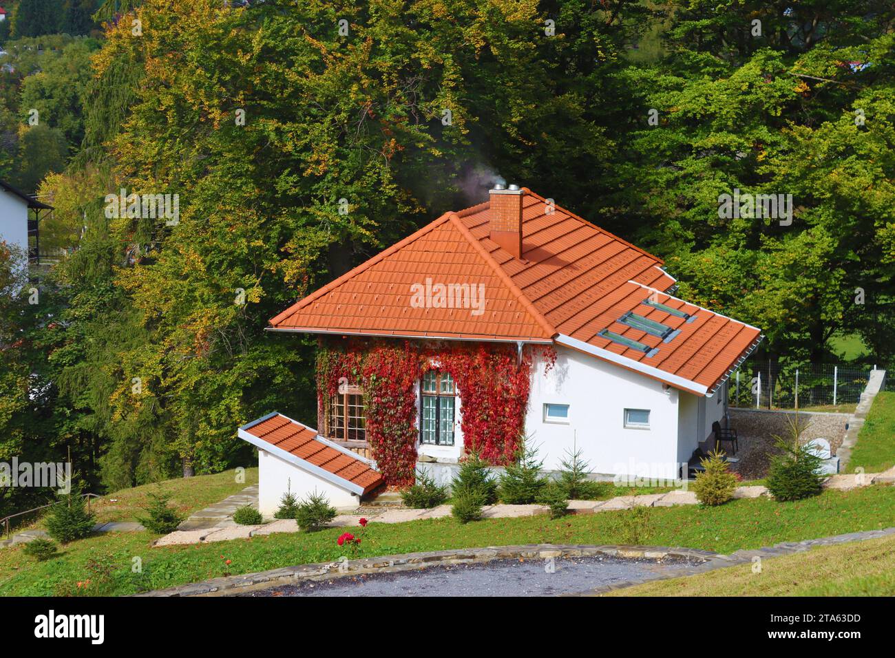 Typical romanian house in the autumn near Cantacuzino Castle, Romania ...