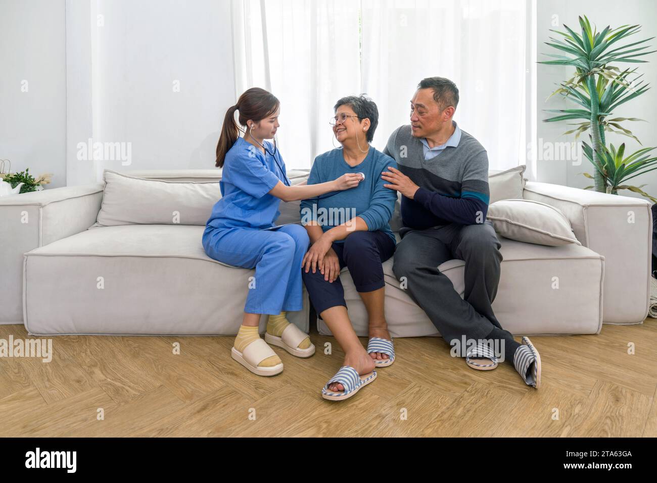 Two senior citizen and a nurse sit on a sofa, engaging in a health ...