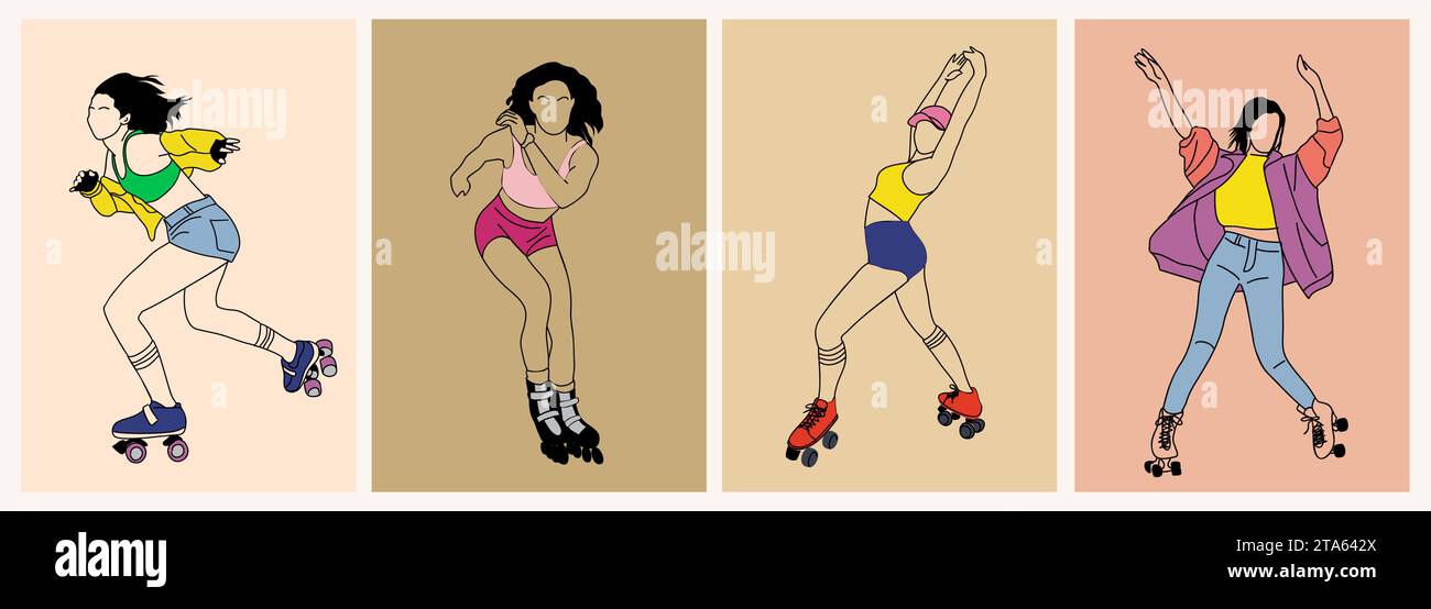 Roller skaters outline vector drawing isolated set Stock Vector Image ...