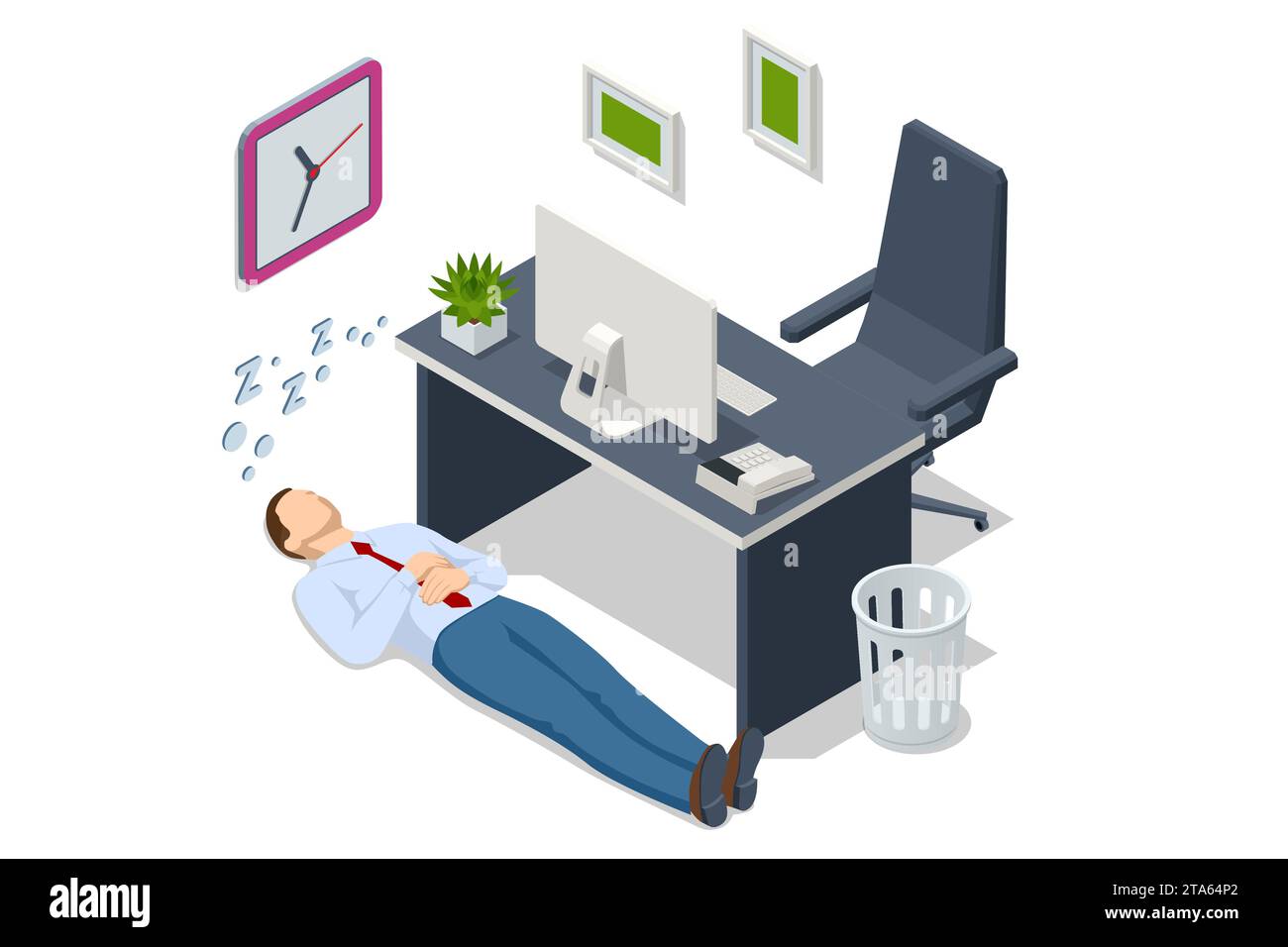 Isometric tired overworked employee sleeping in the office. Tiredness ...