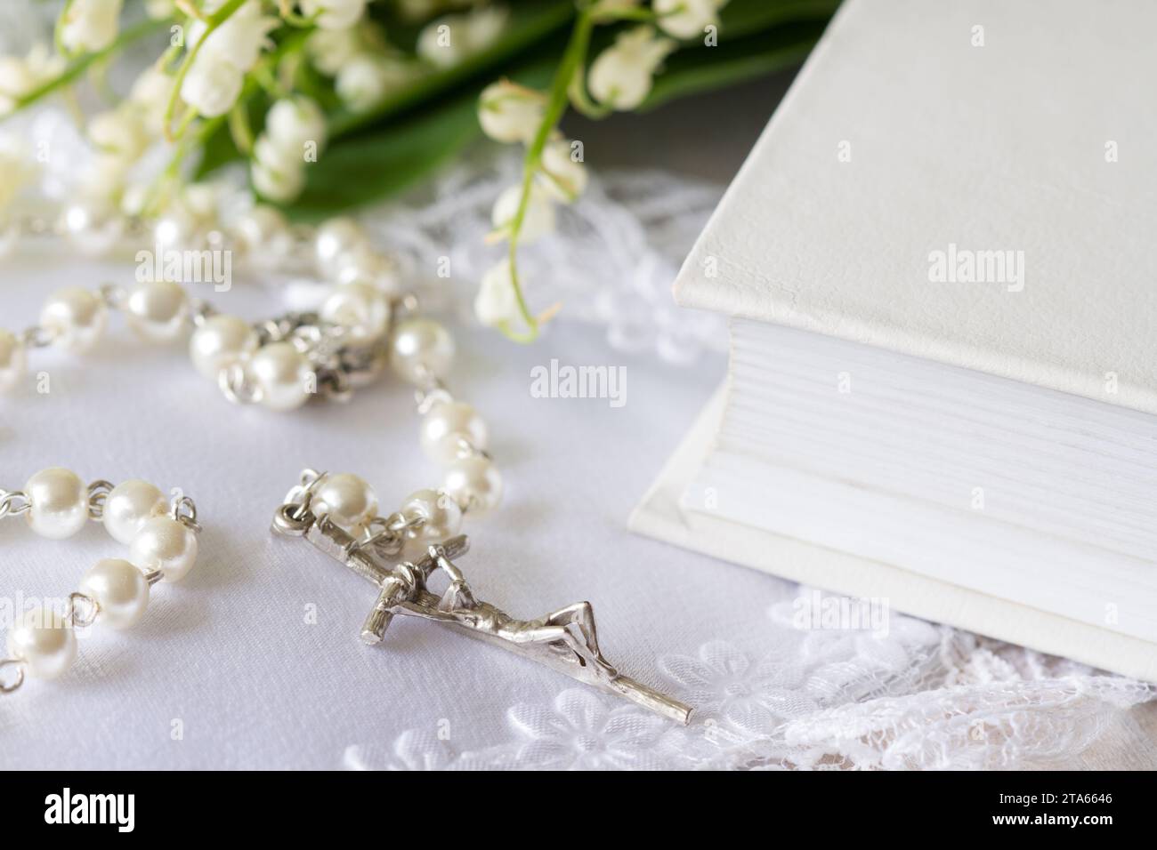 First Holy Communion with rosary and flowers, concept background Stock ...