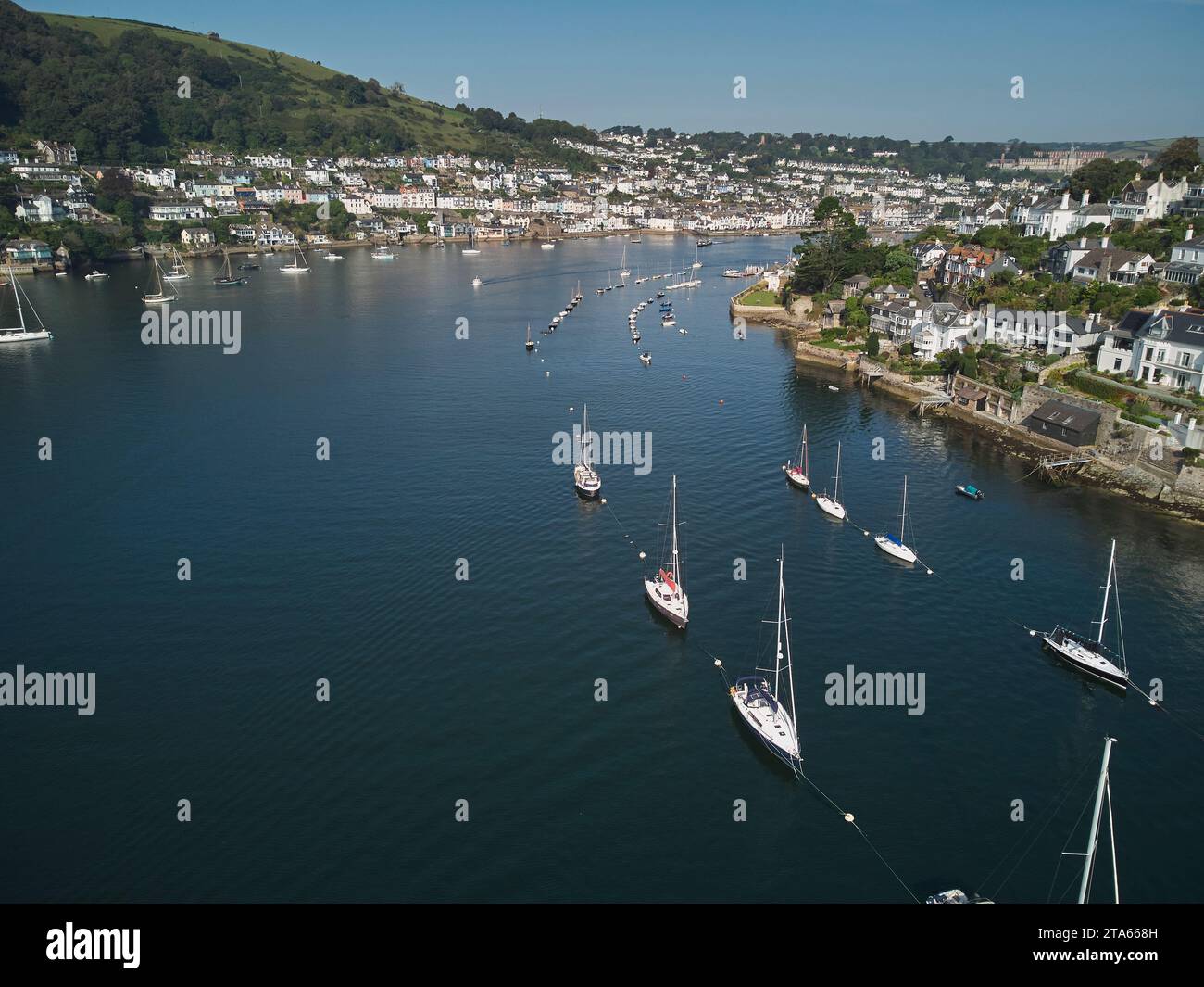 An aerial view of the estuary of the River Dart, with Kingswear on the ...