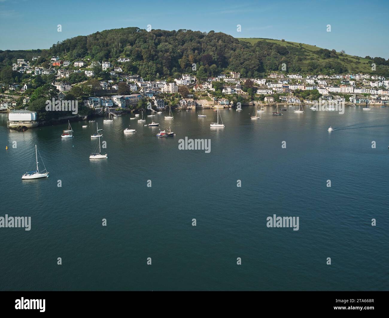An areial view of the beautiful estuary of the River Dart and the ...