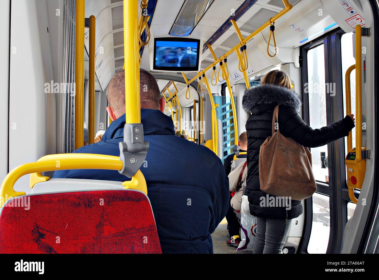 Interior of empty modern european city bus Stock Photo - Alamy