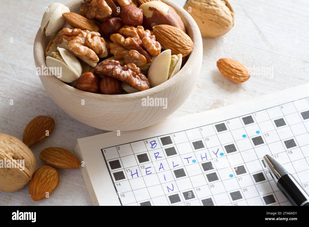 Crossword with "healthy brain" password and mix of nuts in bowl ...