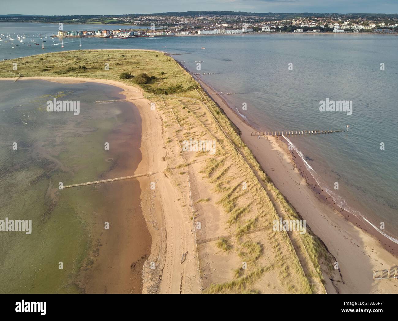 Aerial view of the estuary of the River Exe, looking towards Exmouth ...