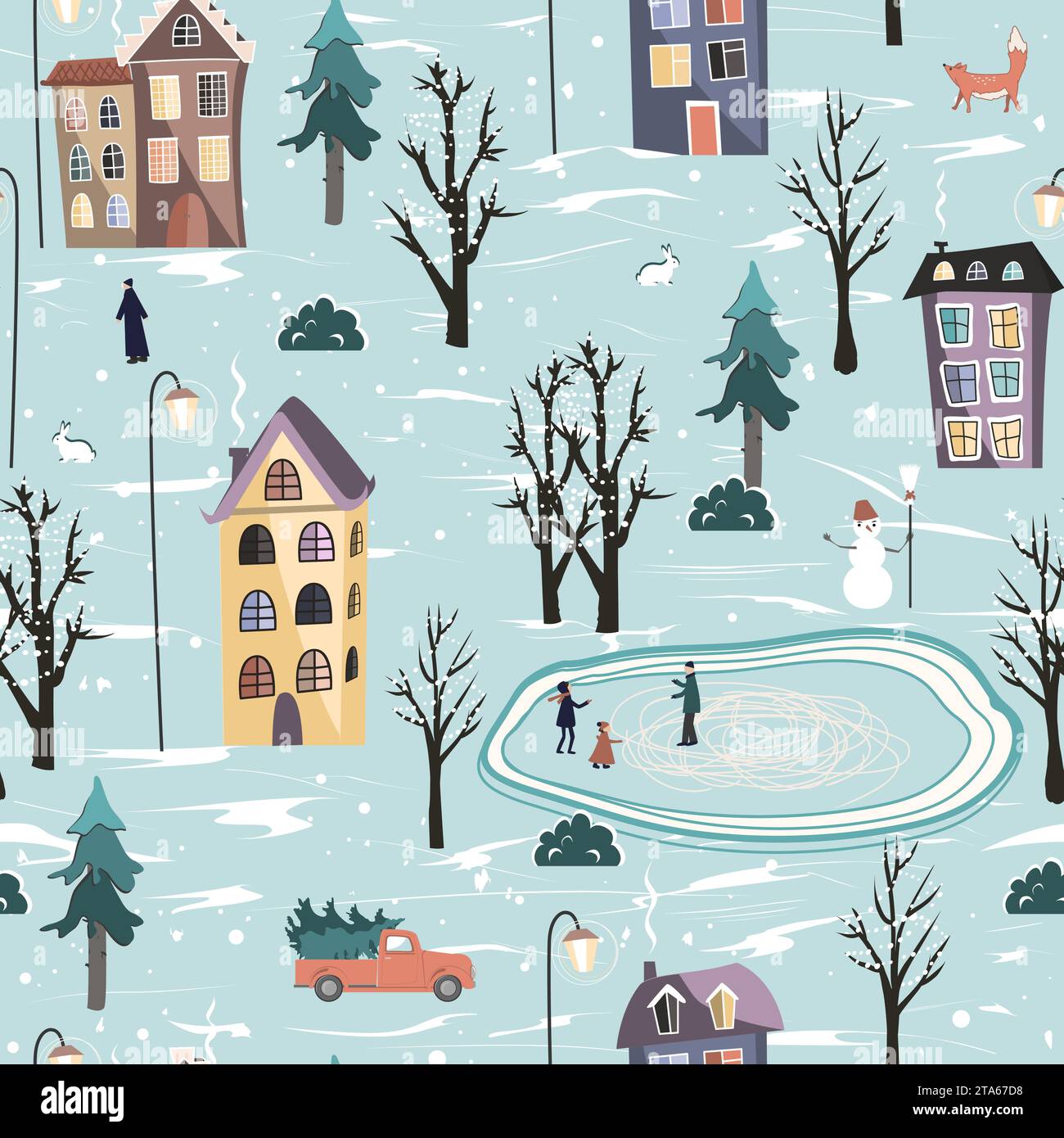 Winter seamless pattern with snowy town landscape. Beautiful Christmas ...