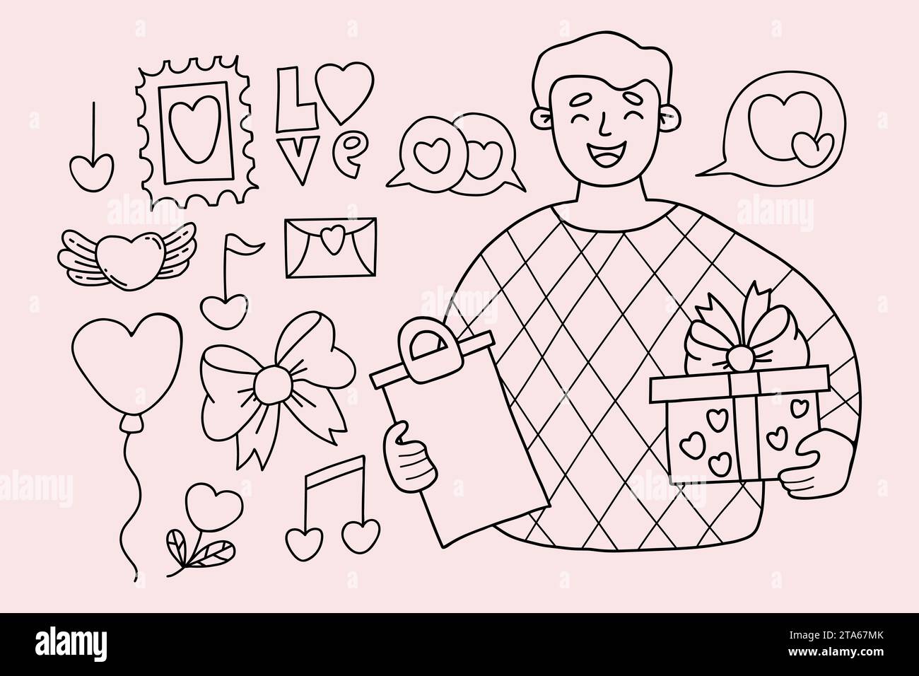 Love doodles. Cute man with gift, Heart, love symbols, valentines ...
