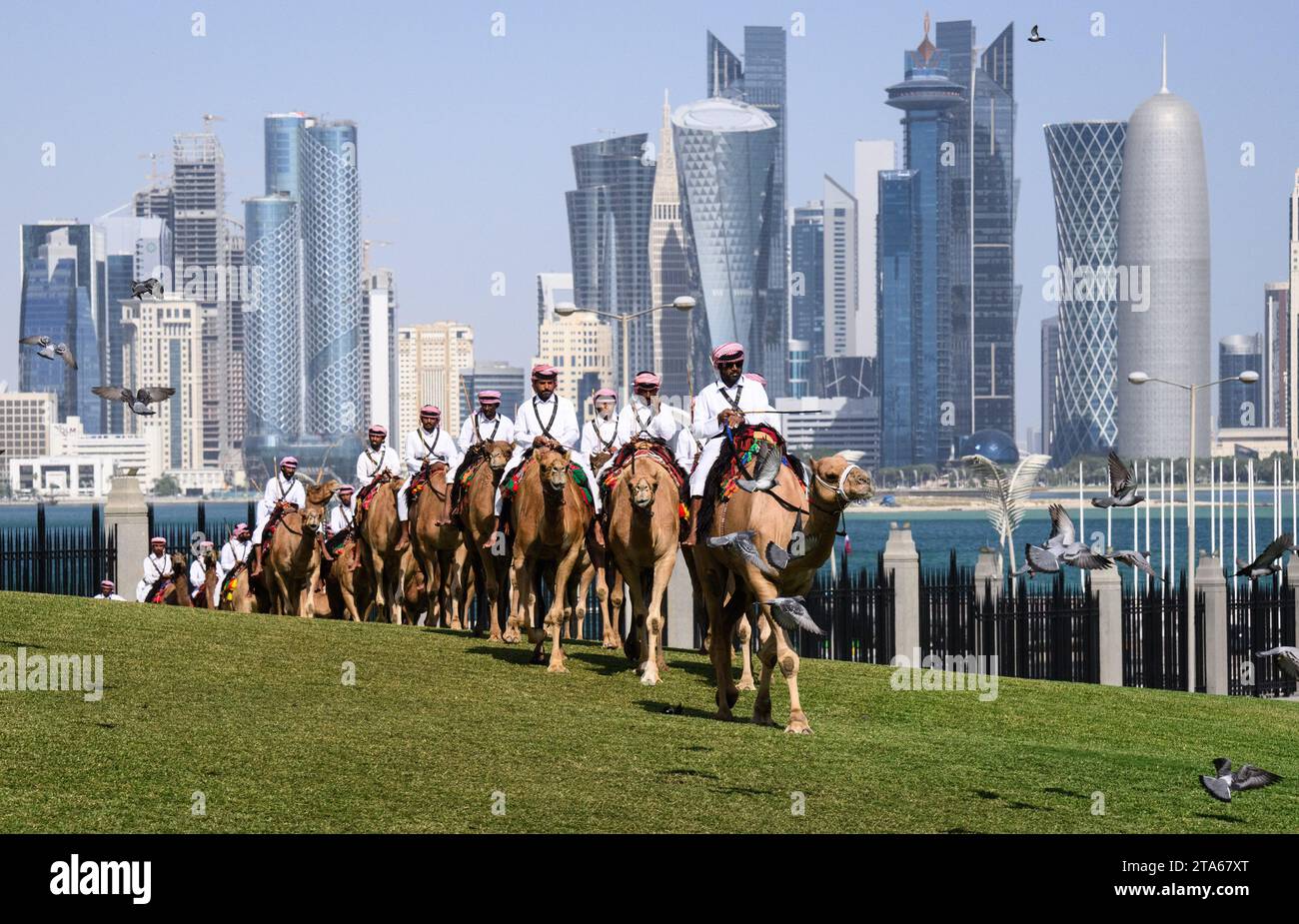 Doha, Qatar. 29th Nov, 2023. The Qatari Emir's honor guard rides camels ...