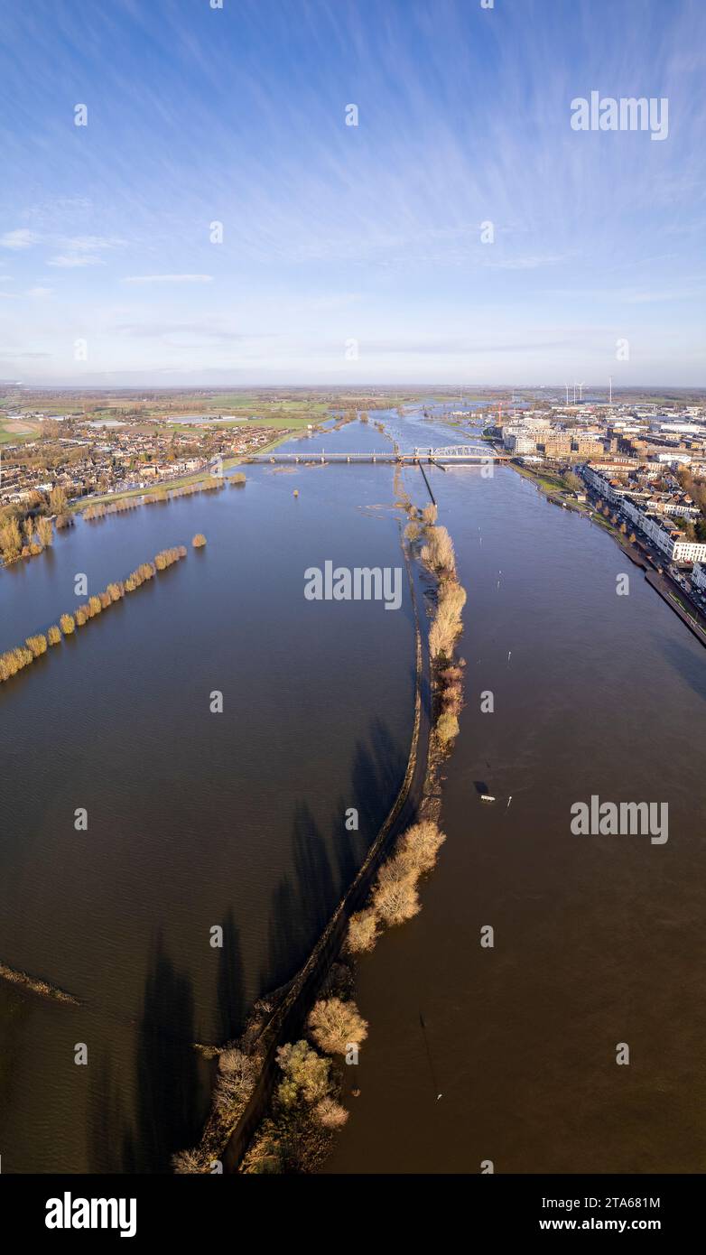 Vertical panorama showing extreme high water level of river IJssel in ...