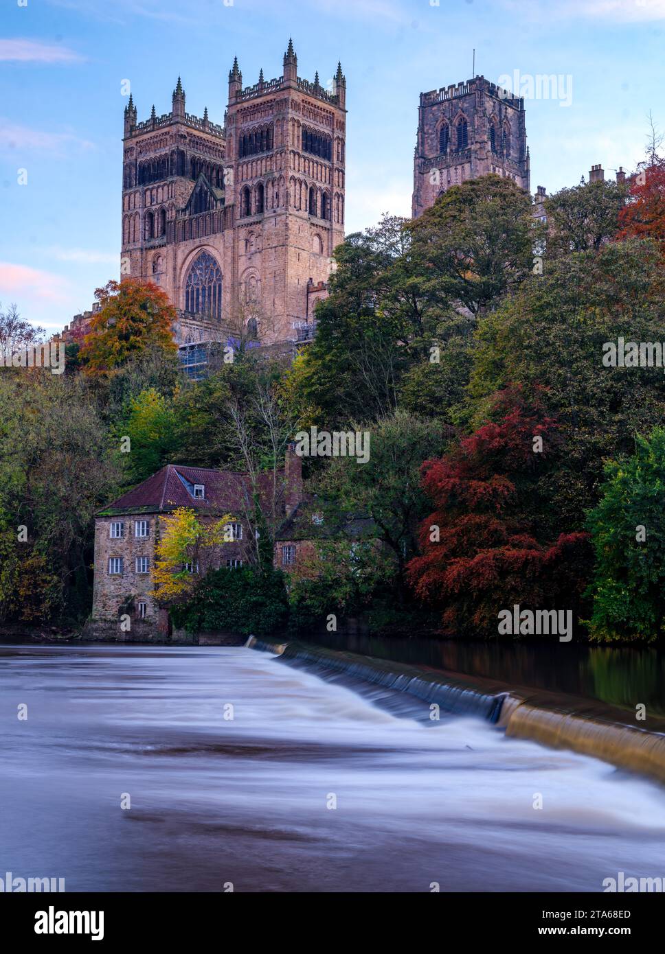 Classic view of Durham Cathedral and the weir on River Wear taken at ...