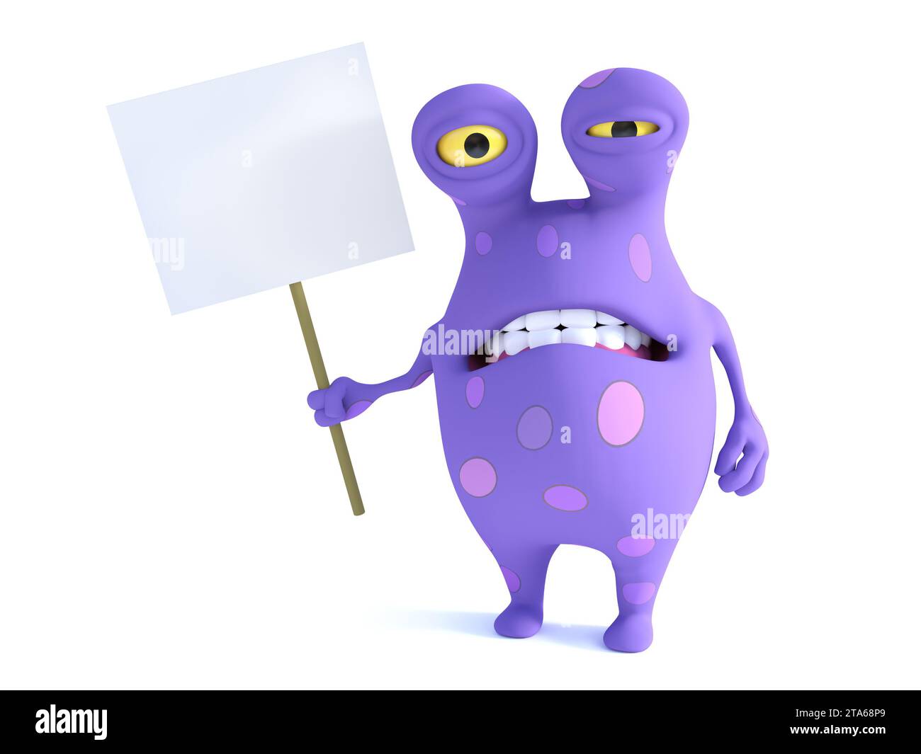 A cute charming cartoon monster holding a blank sign and looking ...
