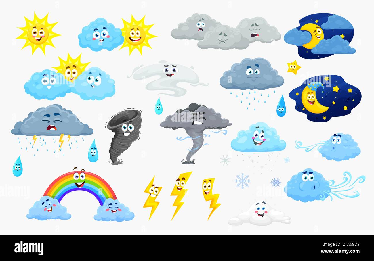 Cartoon weather characters, cute cloud and sun or rain, vector rainbow ...
