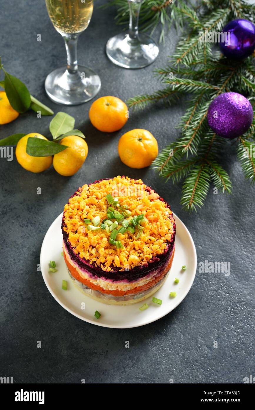 Shuba salad. Dressed herring, herring under fur coat. Christmas layered ...