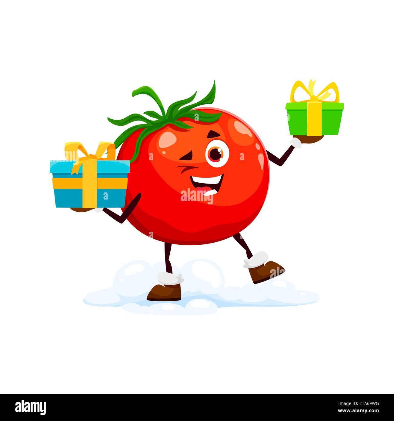 Cartoon Christmas tomato with Santa gift boxes, vector vegetable ...