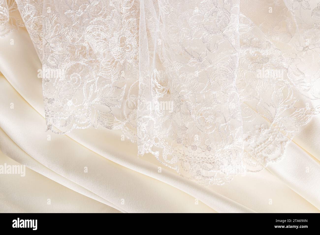 part of a beautiful beige lace tulle fabric or part of a bride's ...