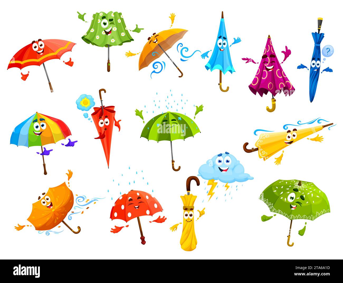 Cartoon umbrella characters with face and cute funny happy smile ...