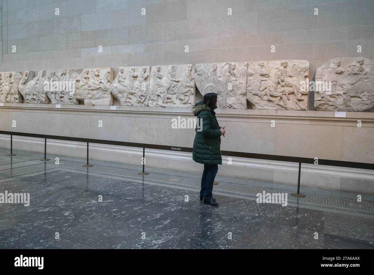 London UK. 29 November 2023. Visitors at the British Museum view the Elgin Marbles also known as ...