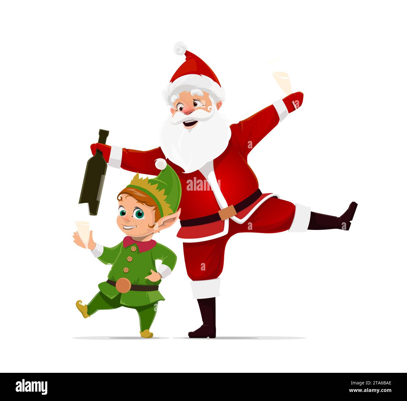 Cartoon Christmas Santa dancing with elf and wine bottle, both adorned ...