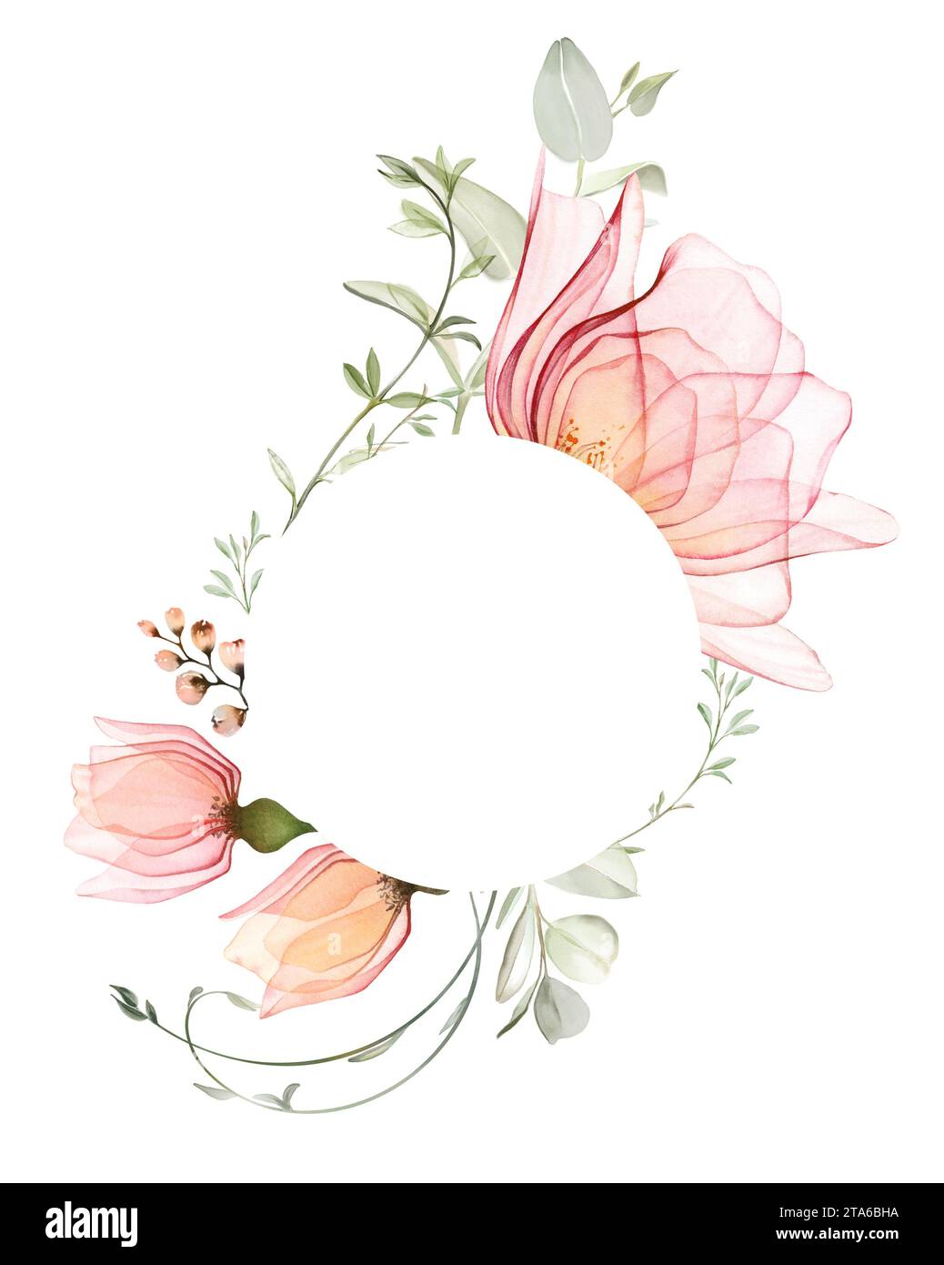 Watercolor floral banner with round place for text. Bouquet with big ...