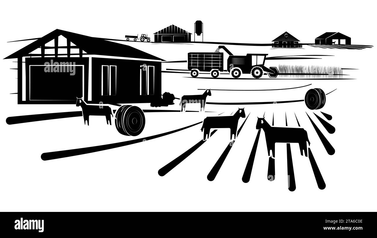 Set of silhouette scenes from farm life with fields, barns and ...