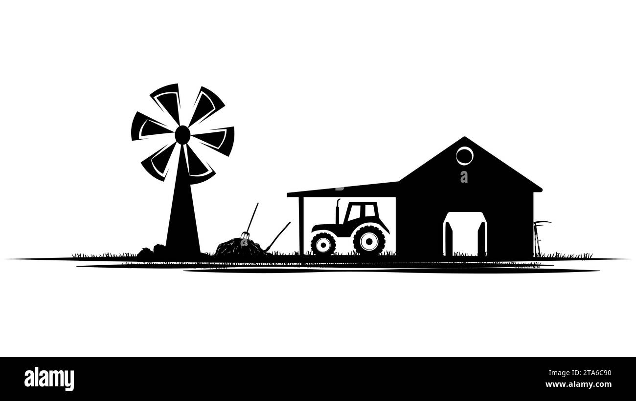 Set of silhouette scenes from farm life with fields, barns and ...