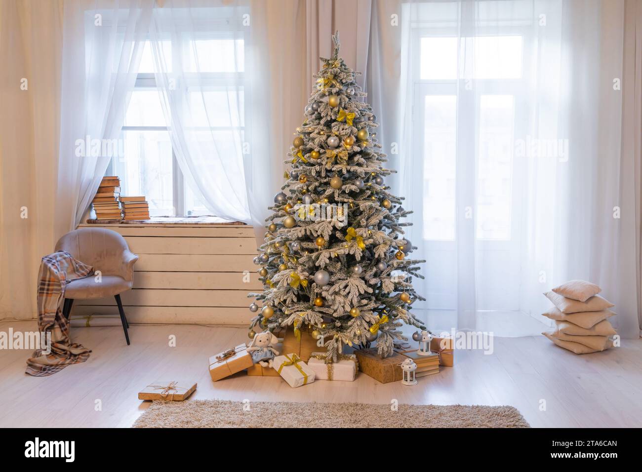 White christmas tree in interior without people Stock Photo - Alamy