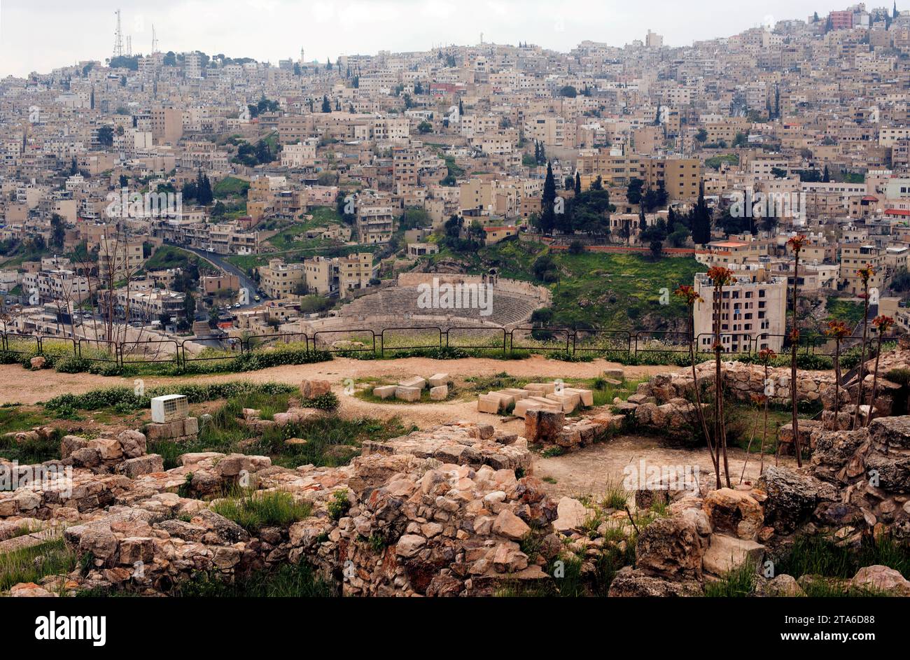 Amman (Jordan capital), panoramic view from Citadel with remains Stock ...