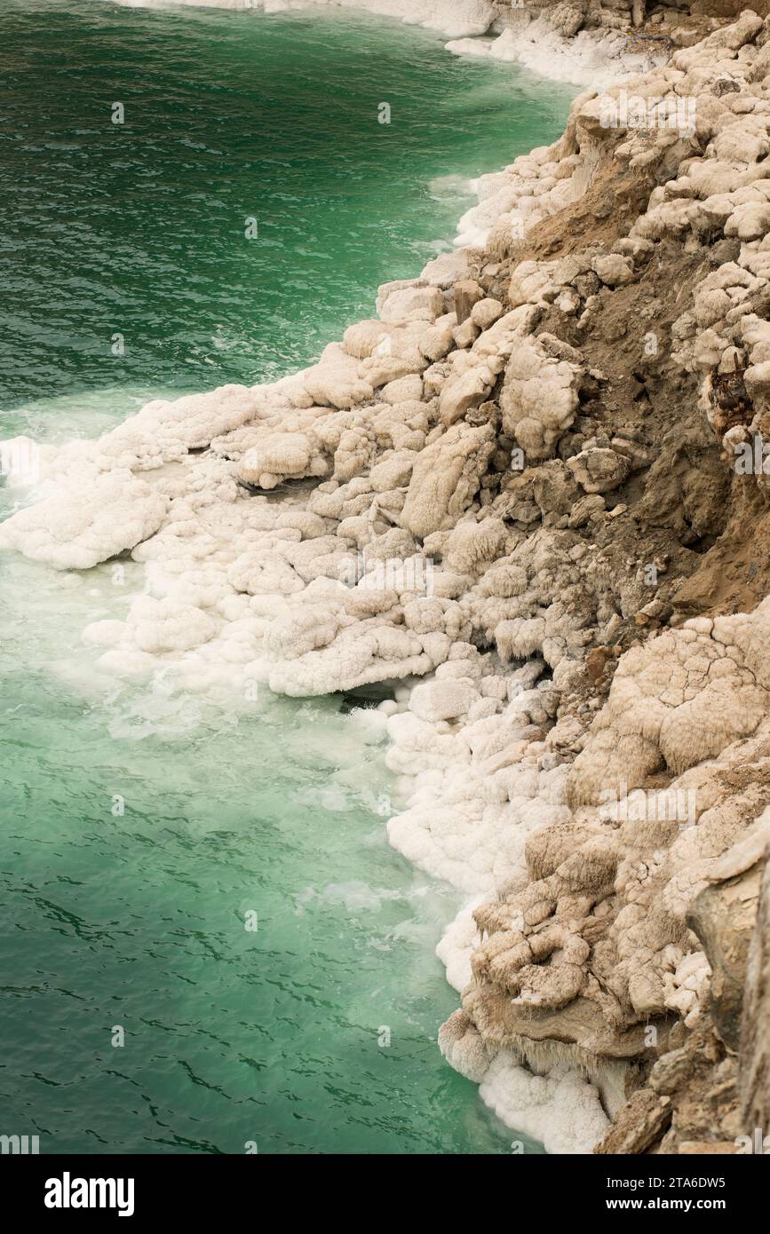 Dead Sea view from Jordan border with salt deposits Stock Photo - Alamy