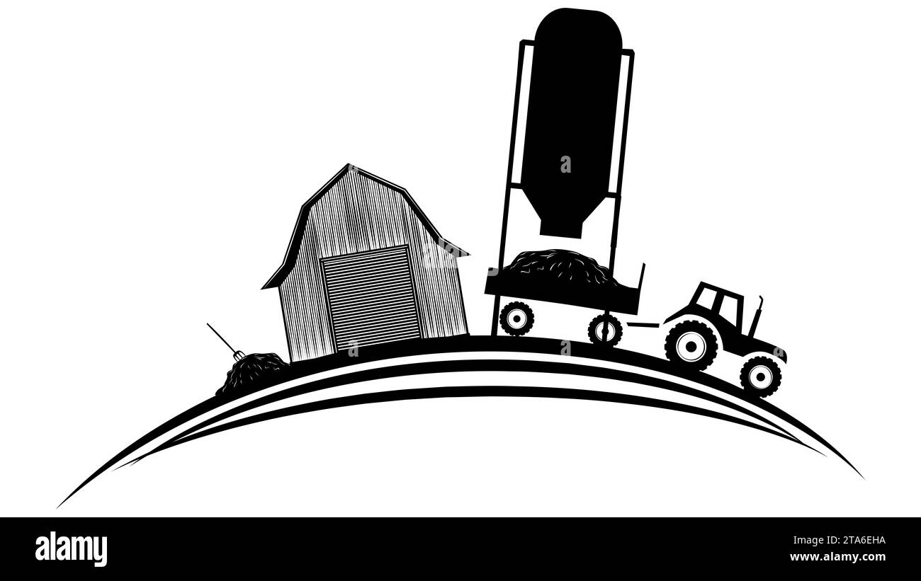 Set of silhouette scenes from farm life with fields, barns and ...