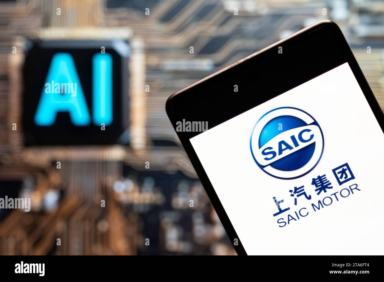 In this photo illustration, the Chinese automaker Saic Motor logo seen ... In this photo illustration, the Chinese automaker Saic Motor logo seen ...