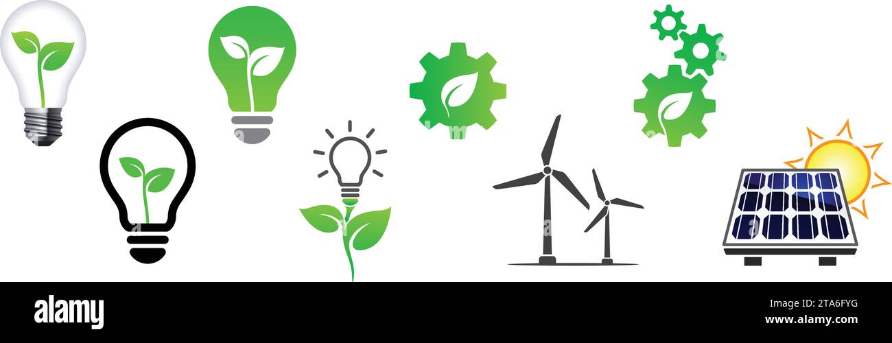 simple green renewable energy power icons set light bulb globe with ...