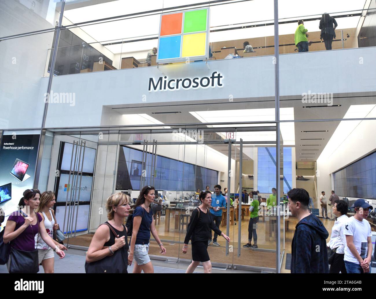 New York, USA - May 25, 2018: Pedestrians walk past the Microsoft store ...