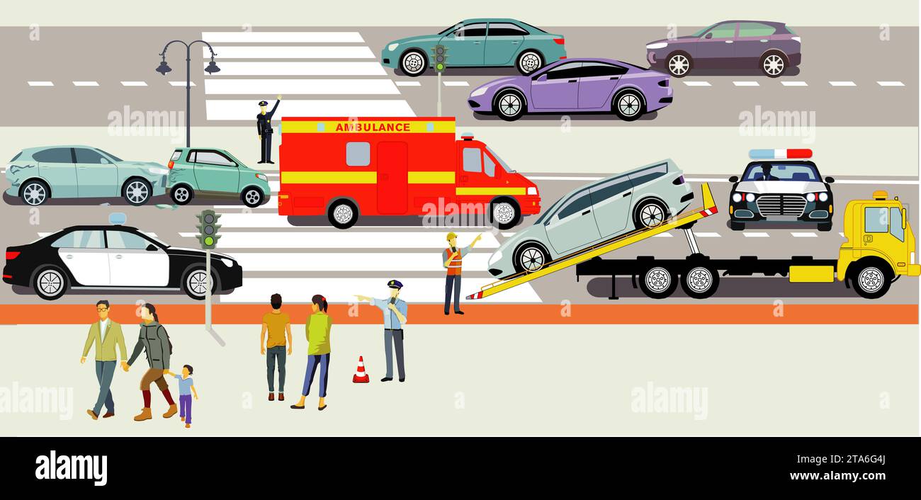 Car accident with police and ambulance, illustration Stock Photo - Alamy
