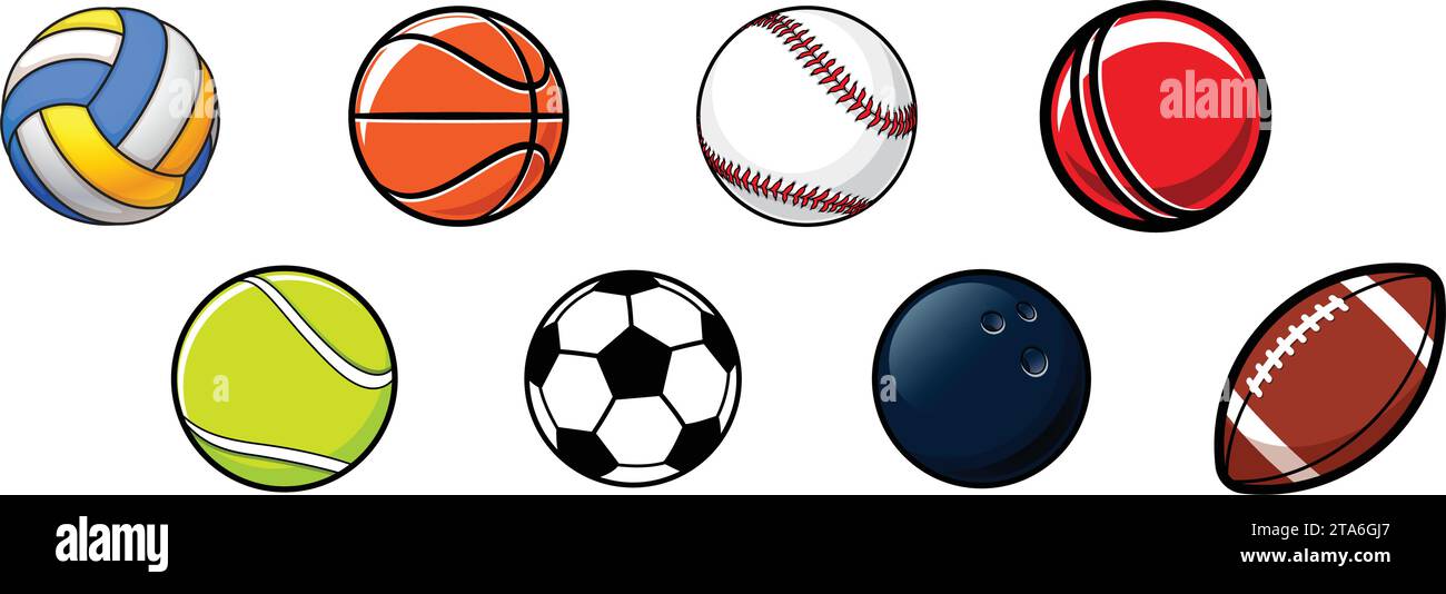 various cartoon stylized american sports balls baseball basketball ...