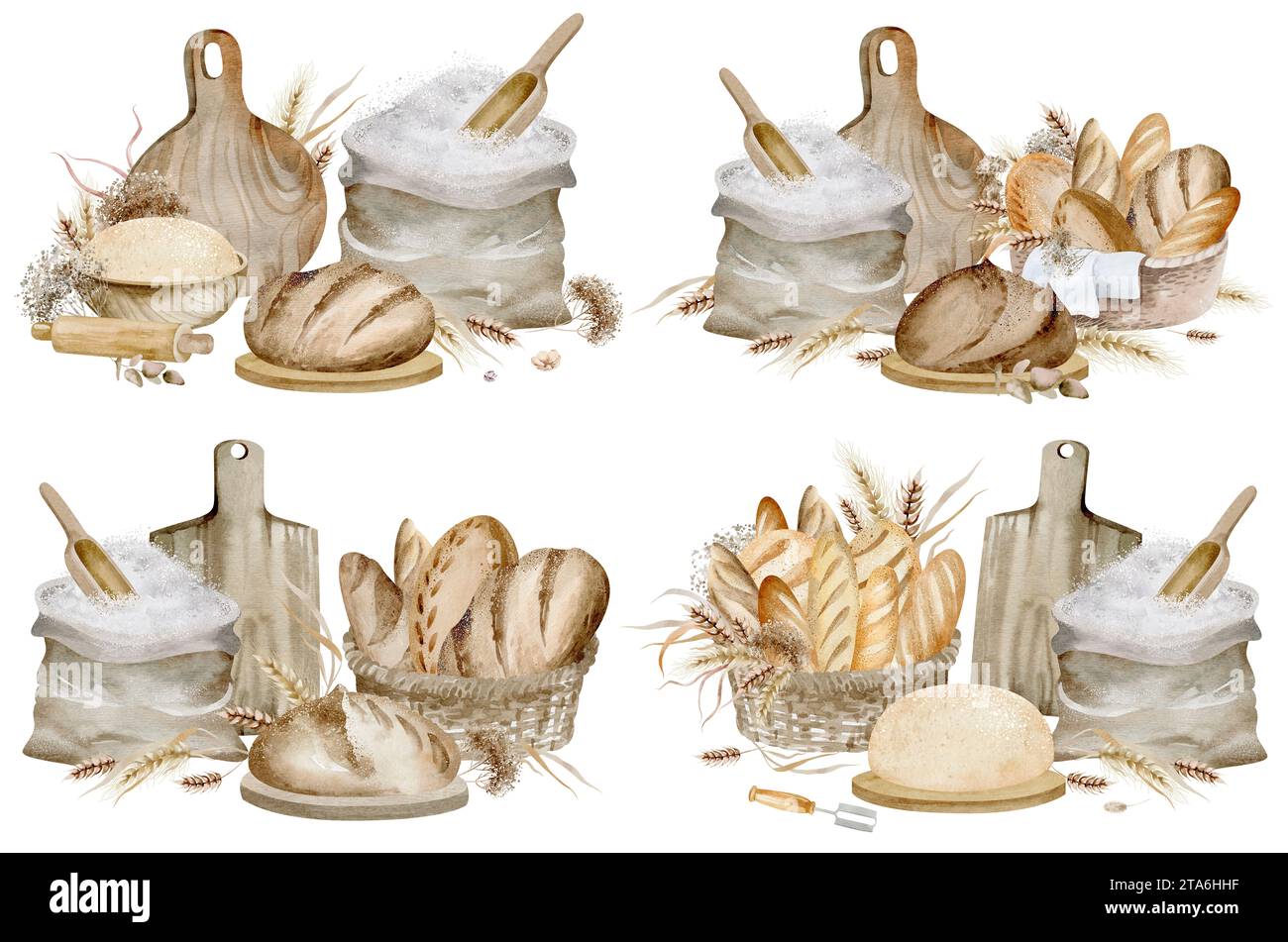 Homemade bread ingredients for cooking. Watercolor illustration of ...