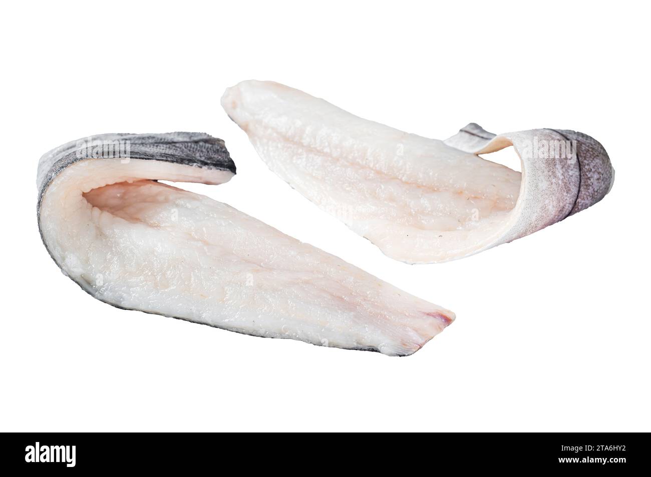 Two raw haddock fish fillets on kitchen table. Isolated, white ...
