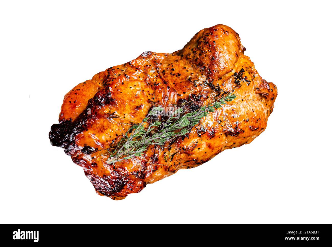 Roasted Glazed Pork meat Roll with thyme and tomato sauce. Isolated ...