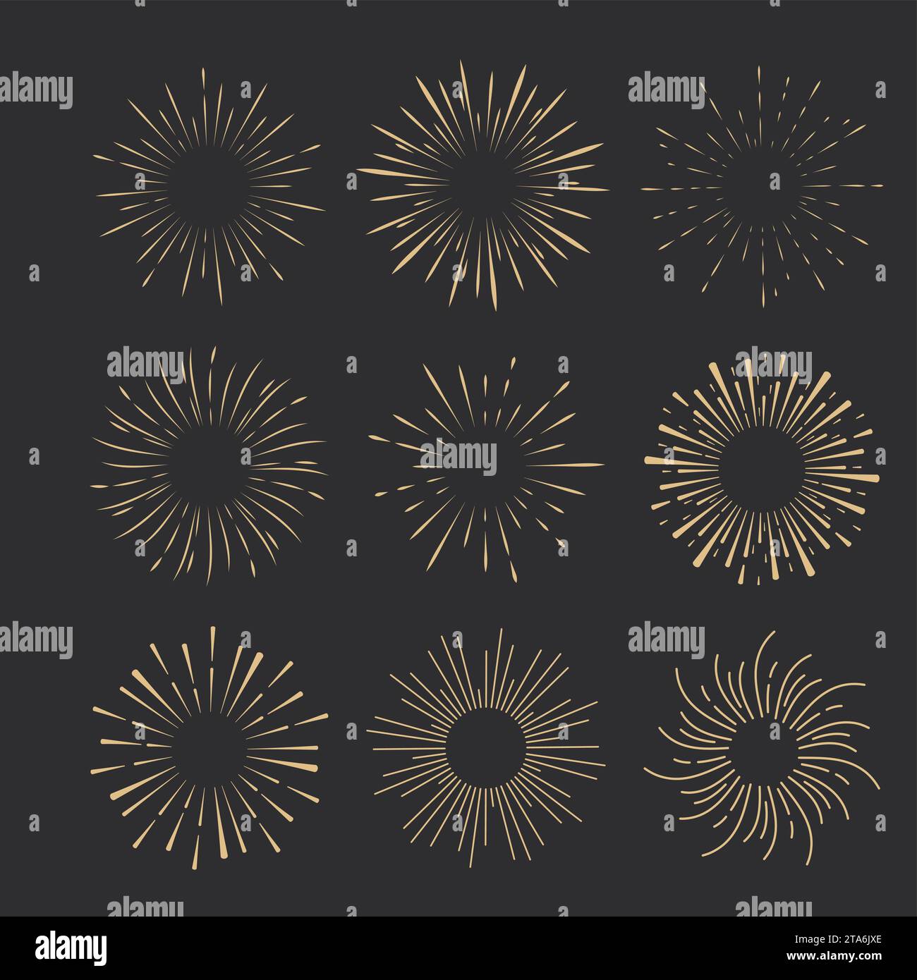 Set golden Fireworks, rays, sunburst frames circle border decoration, sparkle in doodle style ...