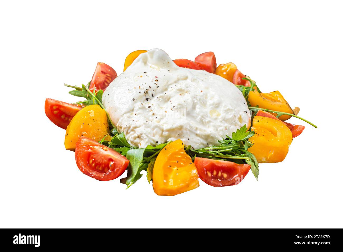 Italian Burrata cheese with cherry tomatoes and fresh arugula. Isolated ...