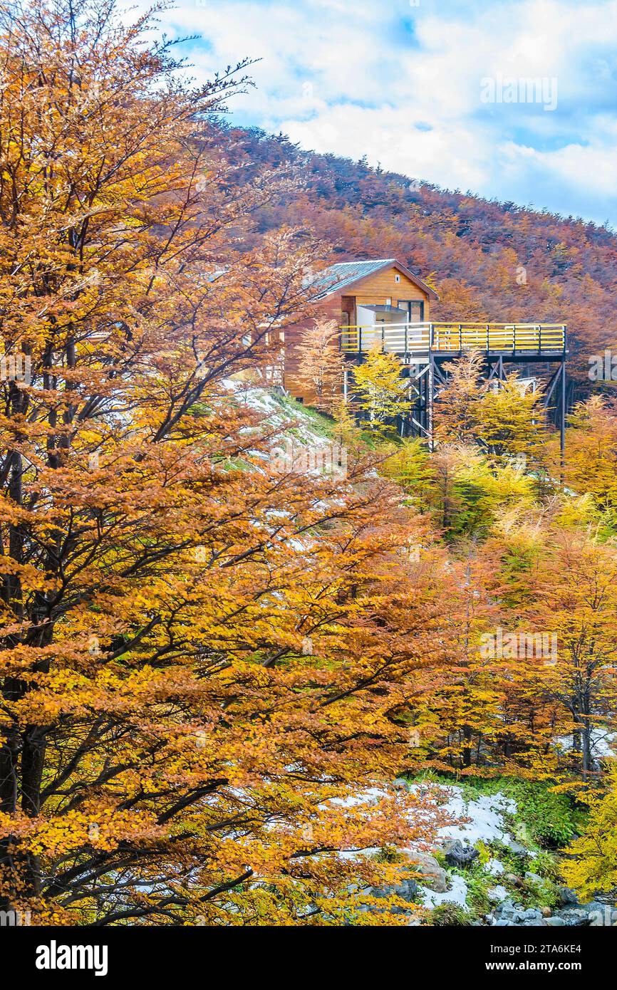 Rustic wooden park ranger houses at martial glacier, ushuaia, tierra ...