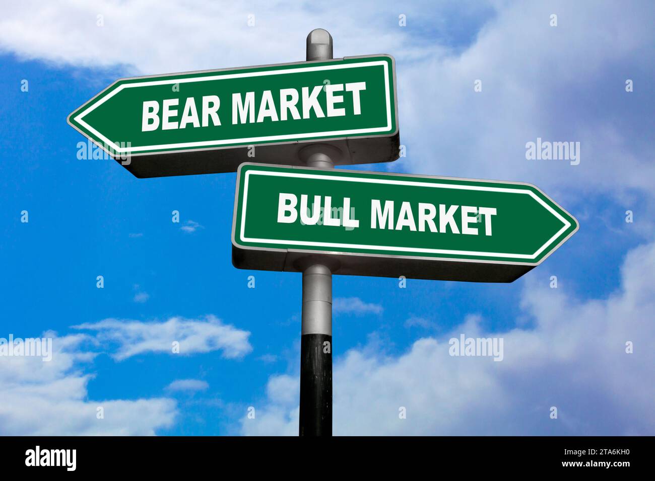 Two direction signs, one pointing left (Bear Market), and the other one ...