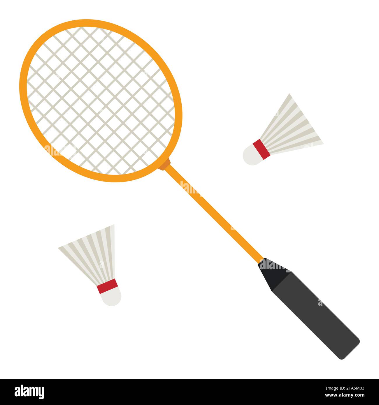 Badminton racket and white shuttlecocks on white background. Equipments ...