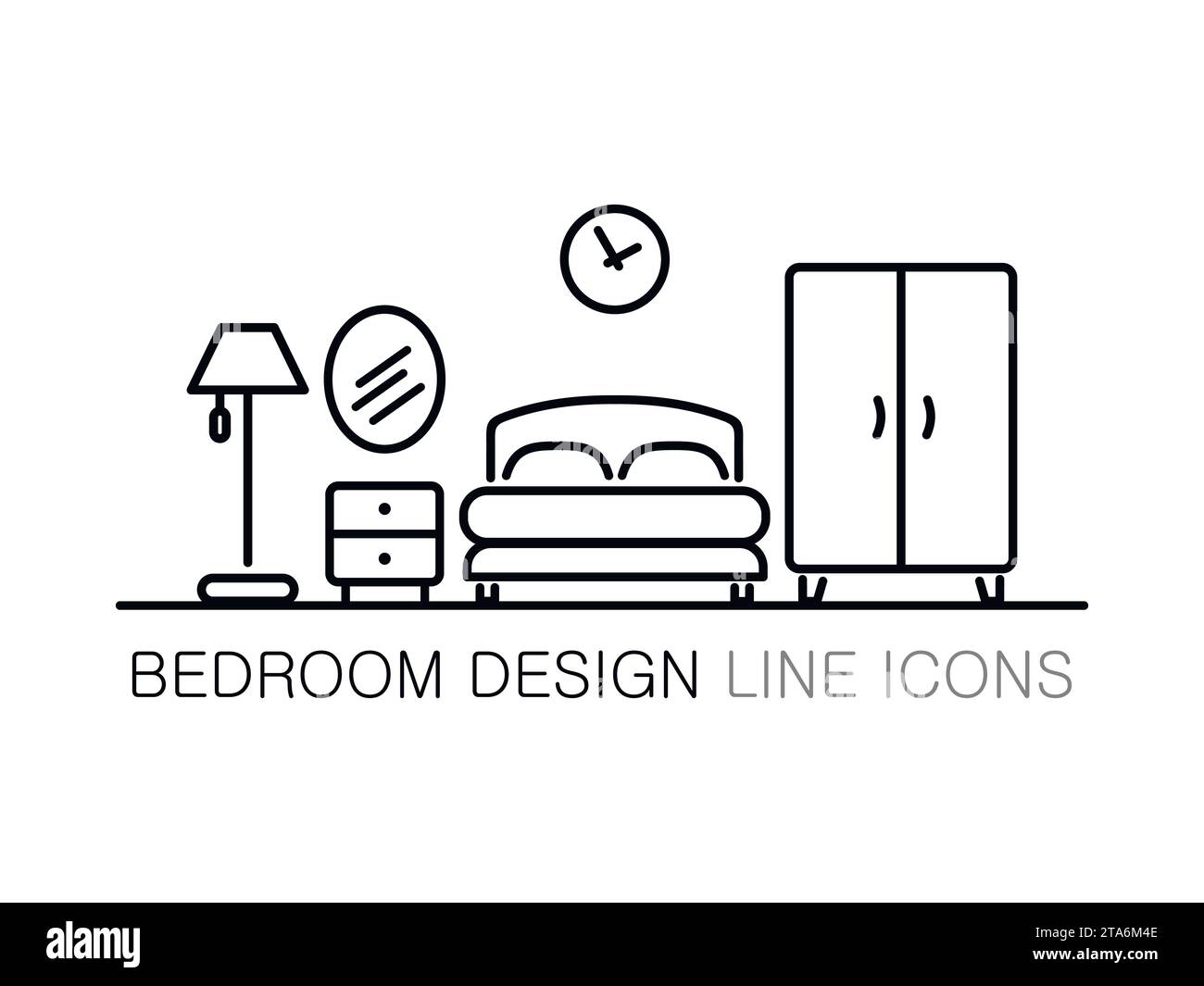 Bedroom furniture icon in line style on white. Bedroom interior design ... Bedroom furniture icon in line style on white. Bedroom interior design ...