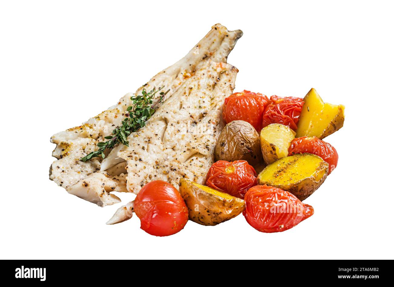 Roasted Pollock fish fillet in plate with garnish tomato and potato ...