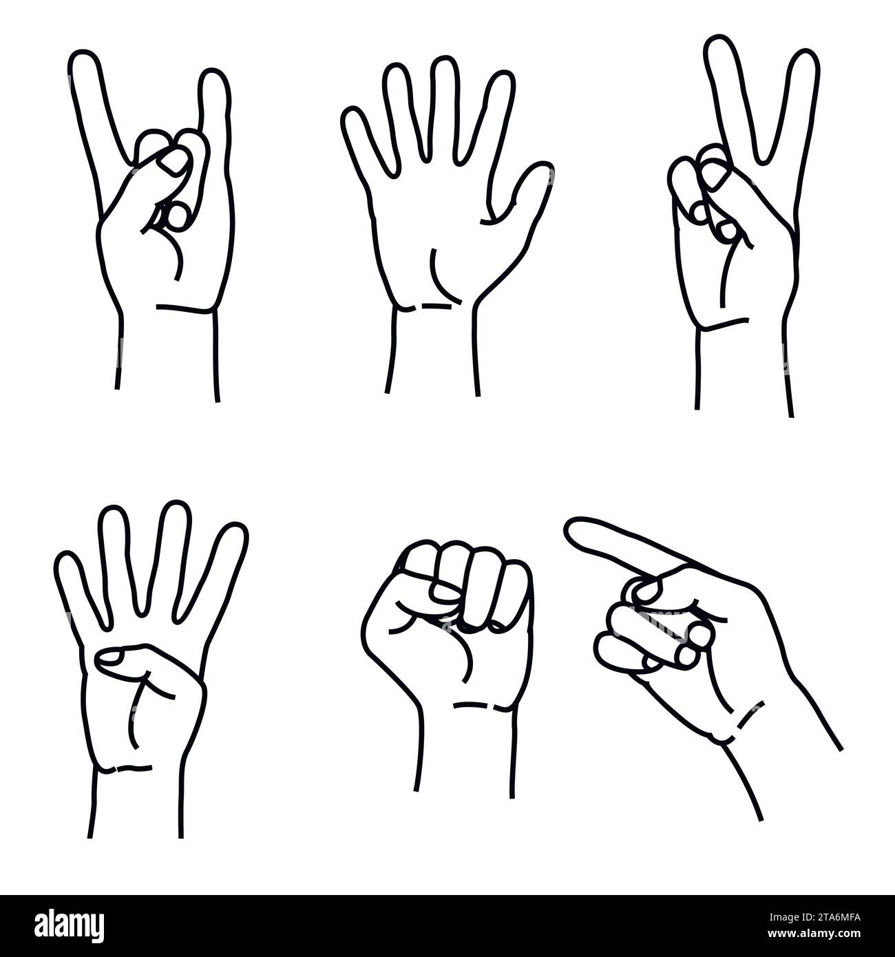 Various gestures of human hands set icons in line style isolated on a white background. Vector ...