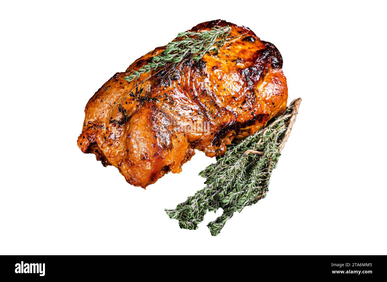 Roasted Glazed Pork meat Roll with thyme and tomato sauce. Isolated ...
