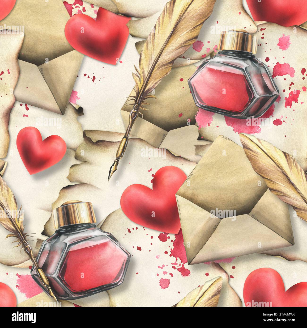 For Valentine's Day, seamless pattern with envelopes, papyrus, red ink ...