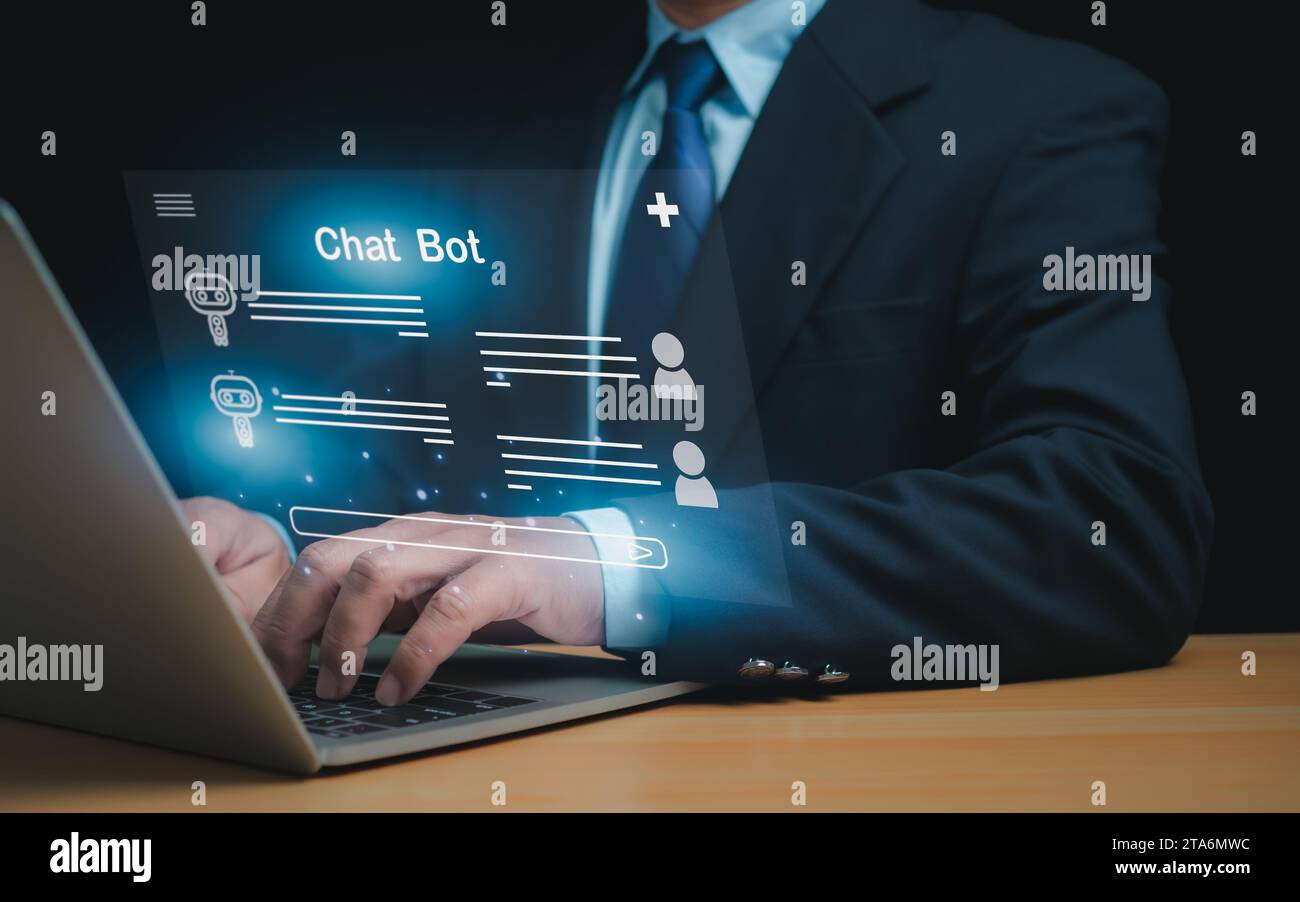 Businessman uses computer to type chat Ask and answer with the ...